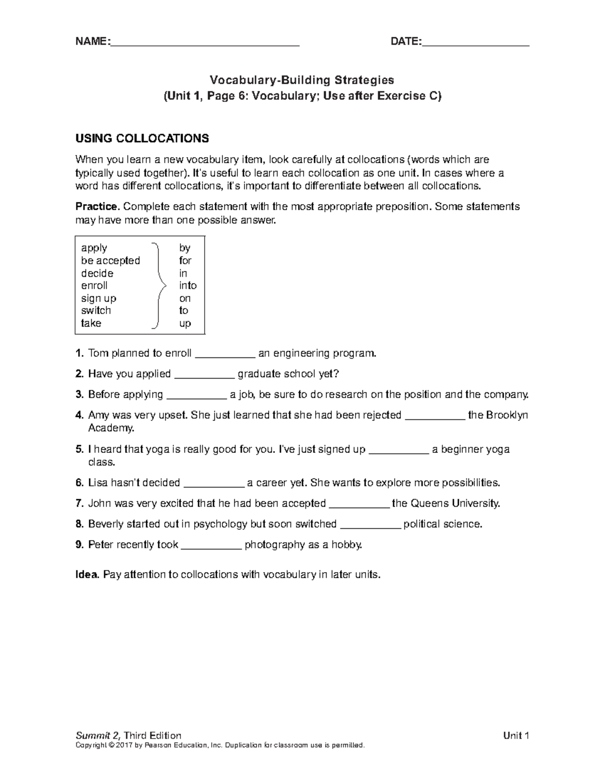1.Vocabulary unit 1 - Tarea en clase - Copyright © 2017 by Pearson ...