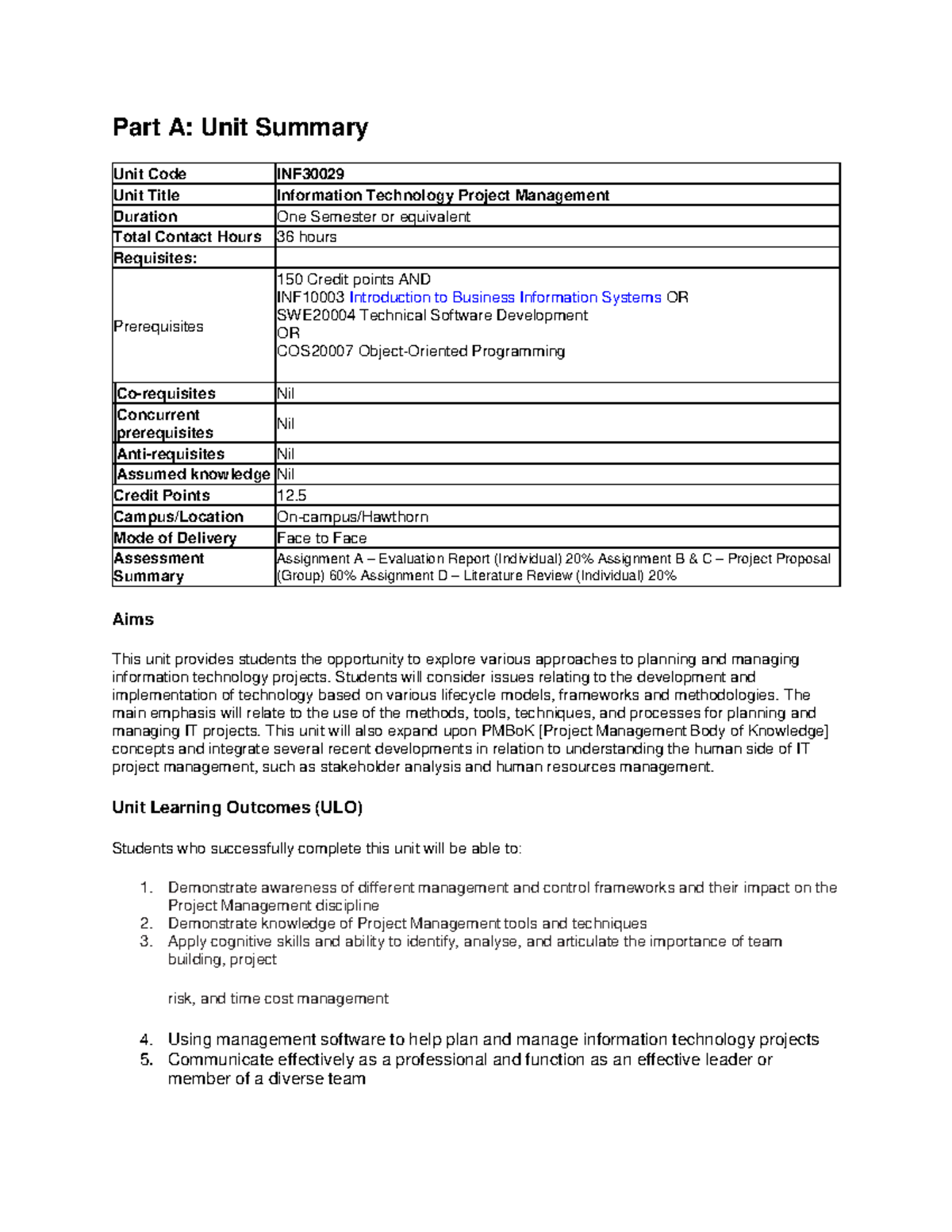 Course outline - Lecture notes 1 - Part A: Unit Summary Unit Code Unit ...
