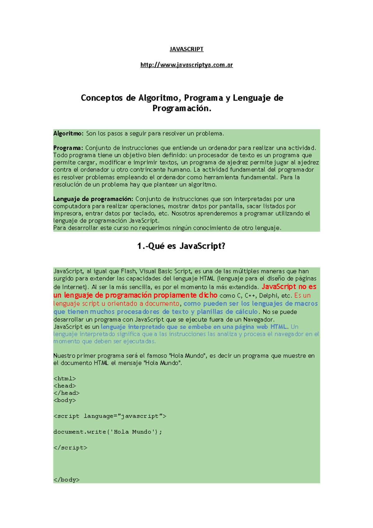 Javascript - JAVASCRIPT javascriptya.com Conceptos de Algoritmo, Programa y Lenguaje de - Studocu