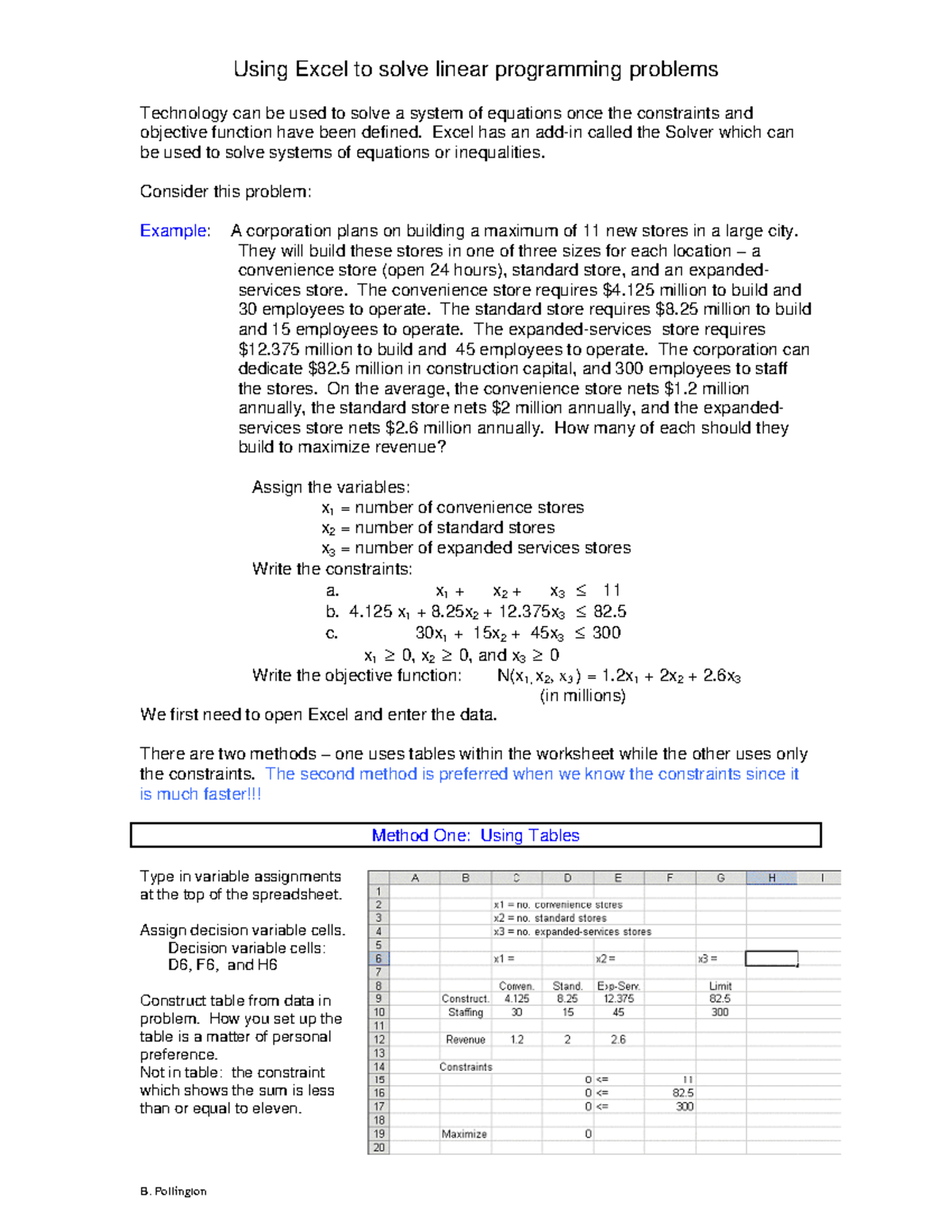 Lin Prog with Excel - B. Pollington Using Excel to solve linear ...