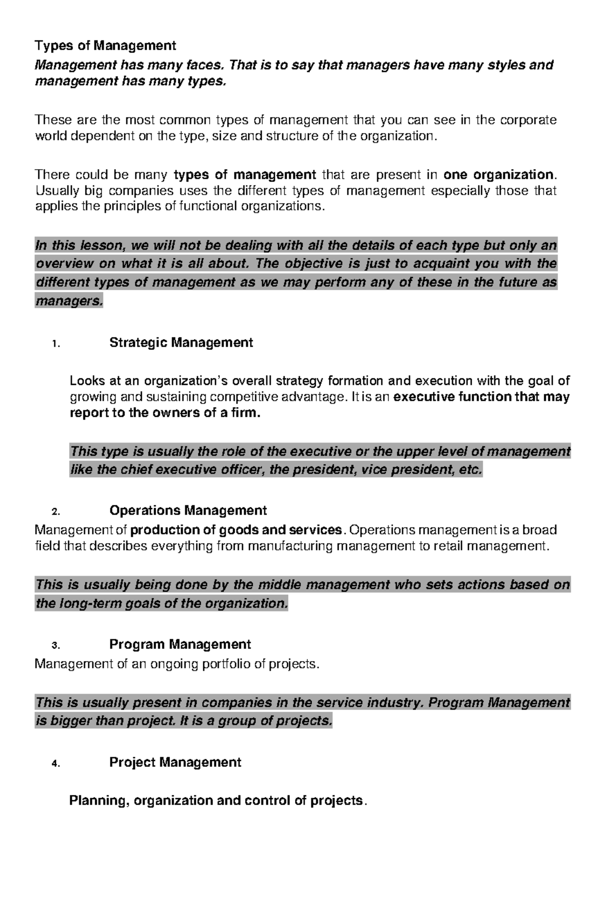 Types of Management - summary - Types of Management Management has many ...