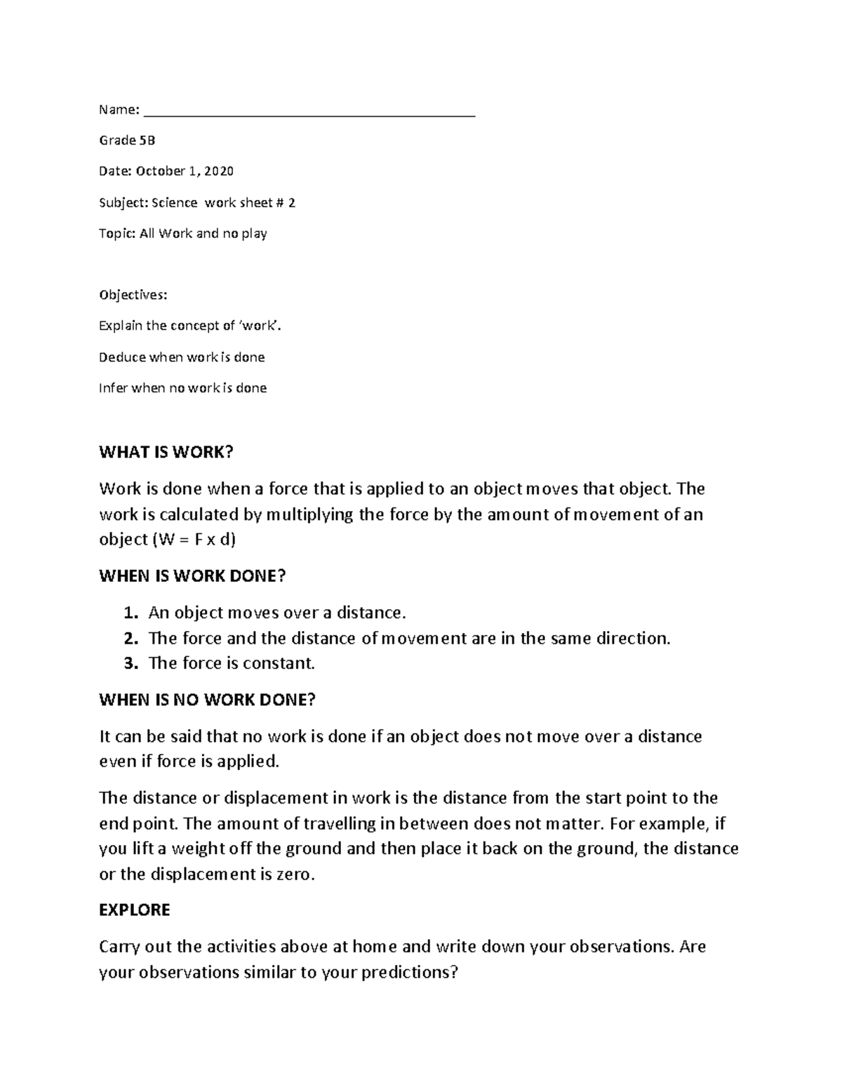 Science Worksheet #2 - Physics class notes on Work and Force - Name ...