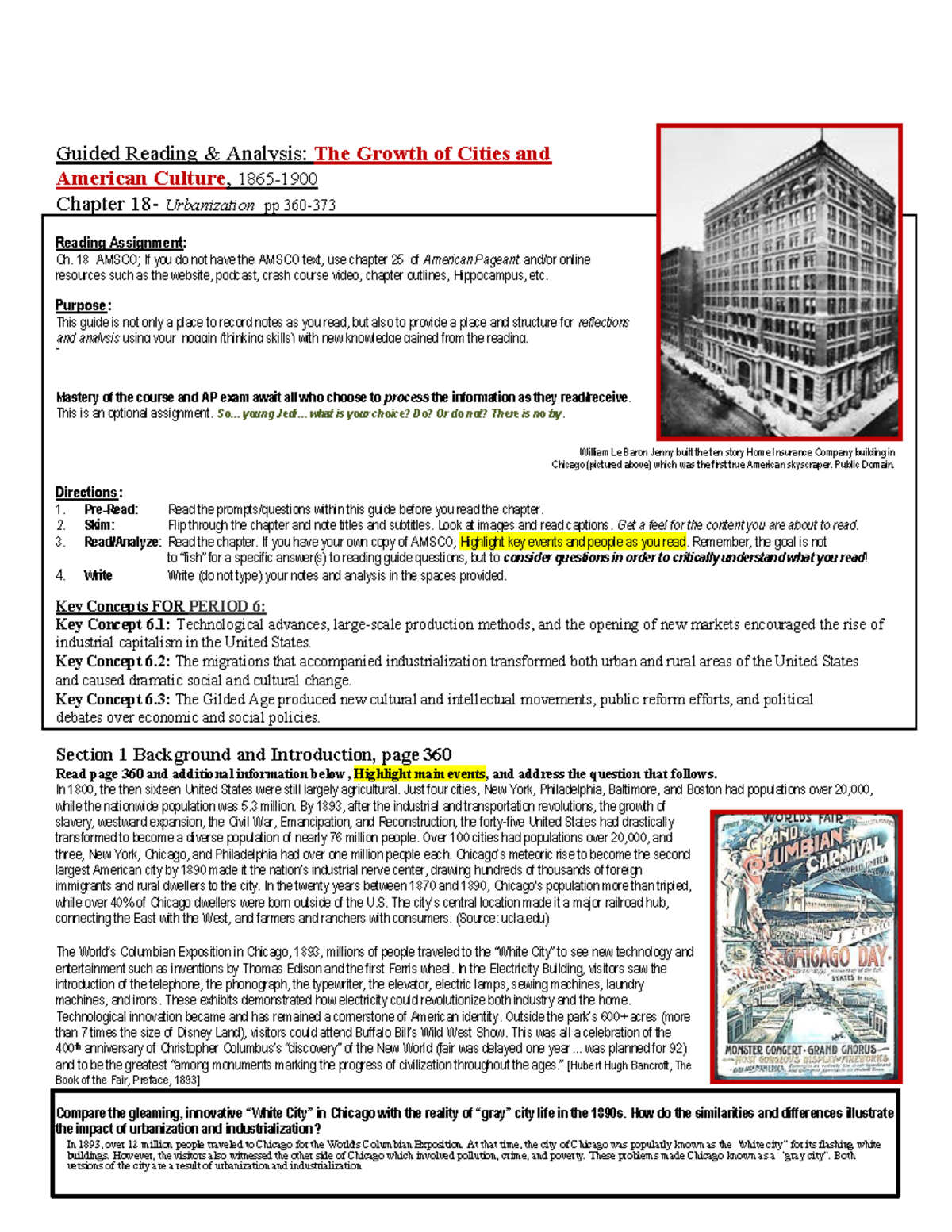 Week 3 Amsco reading - Guided Reading & Analysis: The Growth of Cities ...
