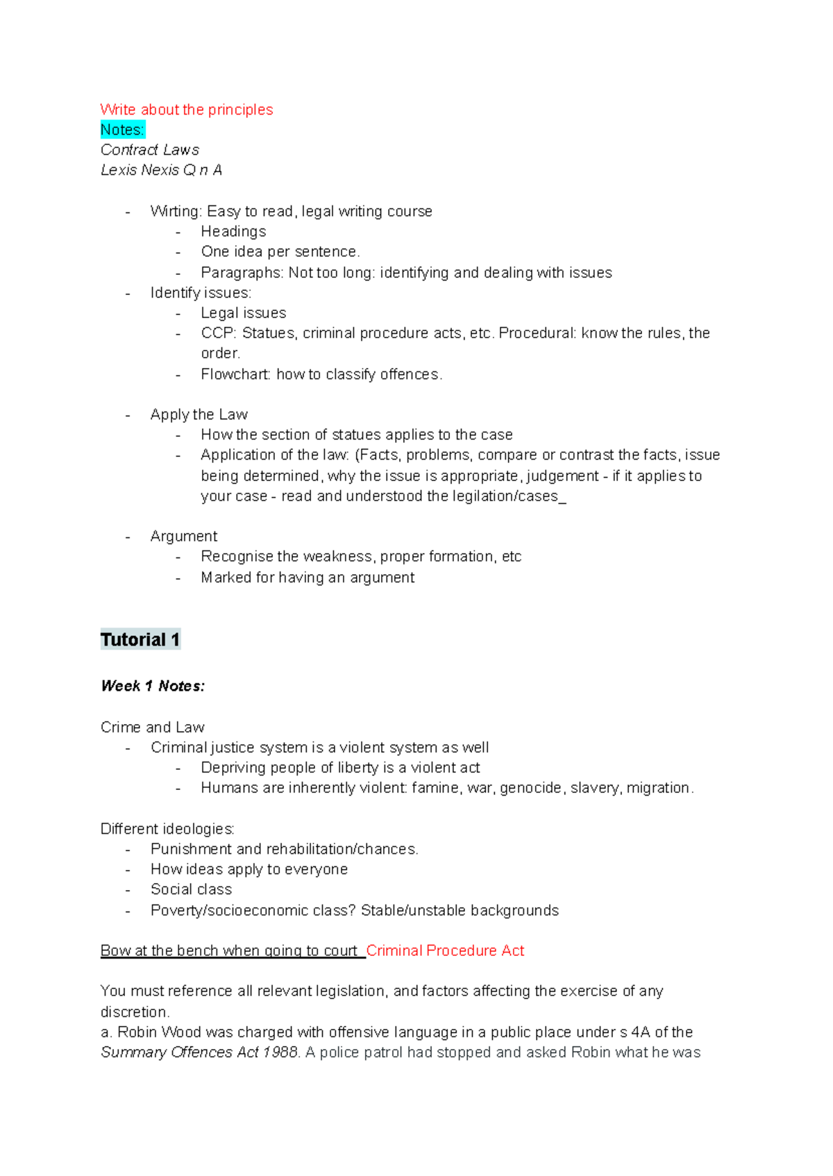 CCP tutorial notes - Write about the principles Notes: Contract Laws ...
