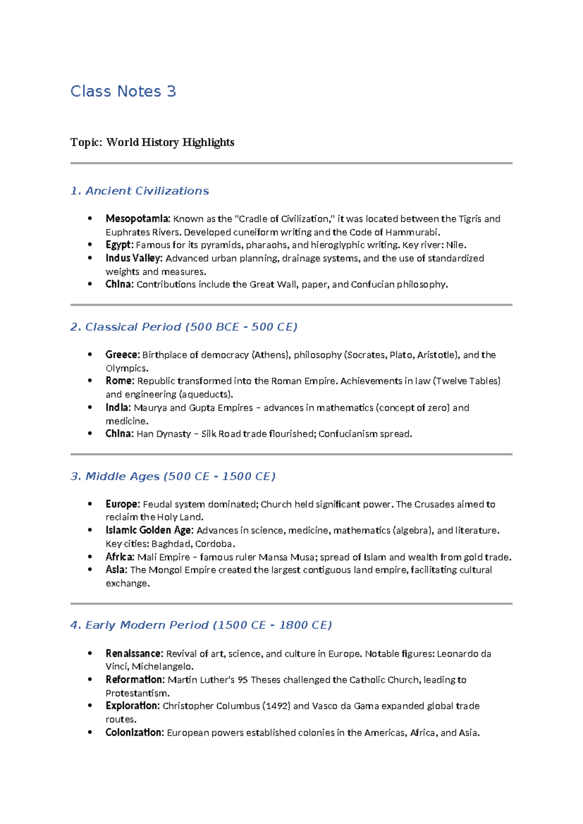 Class Notes 3 - Ancient Civilizations Mesopotamia: Known as the "Cradle ...