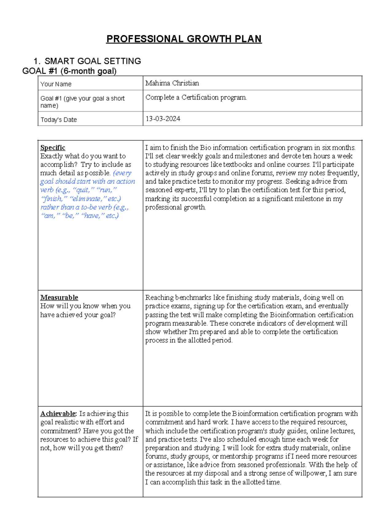 Professional Growth Plan Assignment 89 - PROFESSIONAL GROWTH PLAN 1 ...
