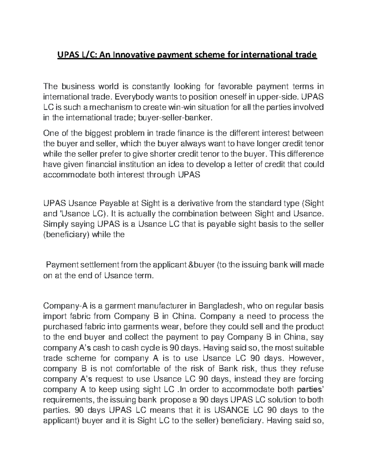 UPAS LC - UPAS L/C: An Innovative payment scheme for international ...