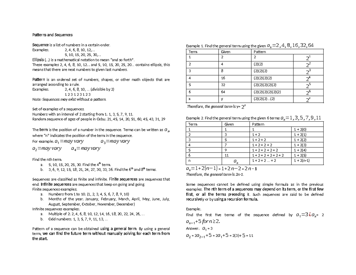 Pattern And Sequences Notes Patterns And Sequences Sequence Is A List Of Numbers In A Certain