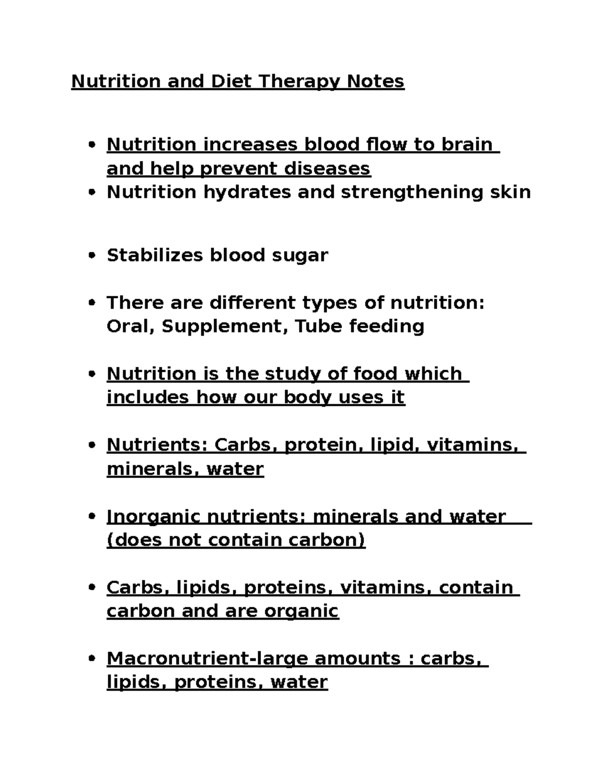 Nutrition notes summer 2024 - Nutrition and Diet Therapy Notes ...