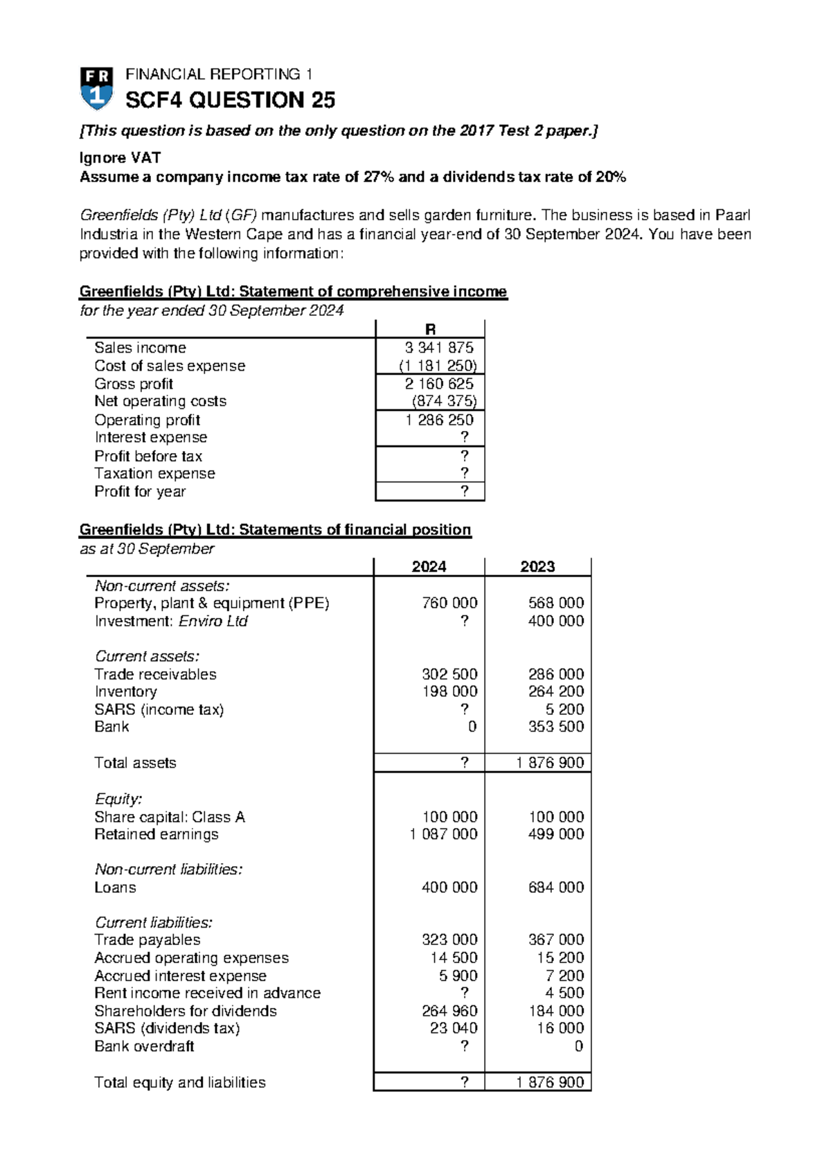 Question 25 - FINANCIAL REPORTING 1 SCF 4 QUESTION 25 [This question is ...