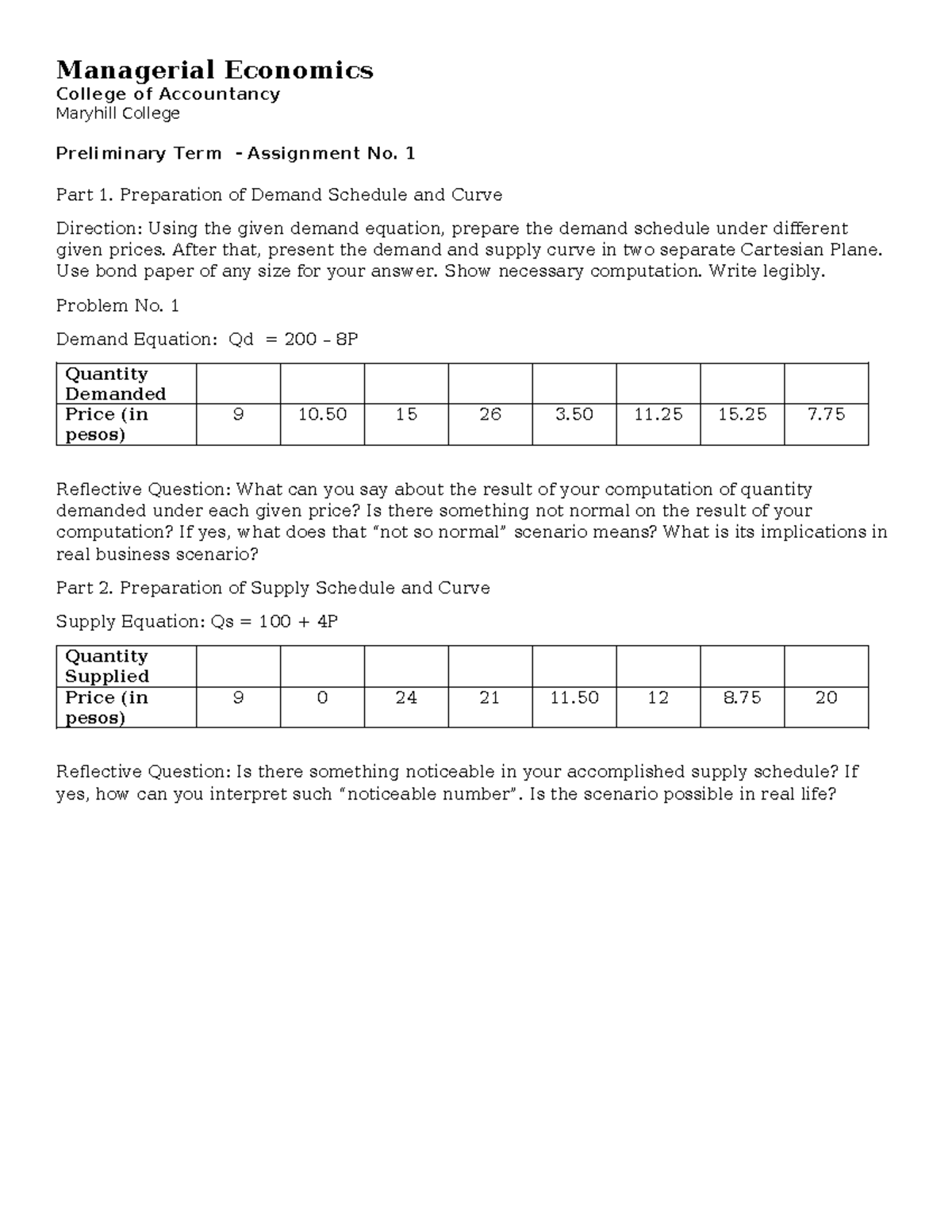 Preliminary Term - Assignment No. 1 - Managerial Economics College of ...