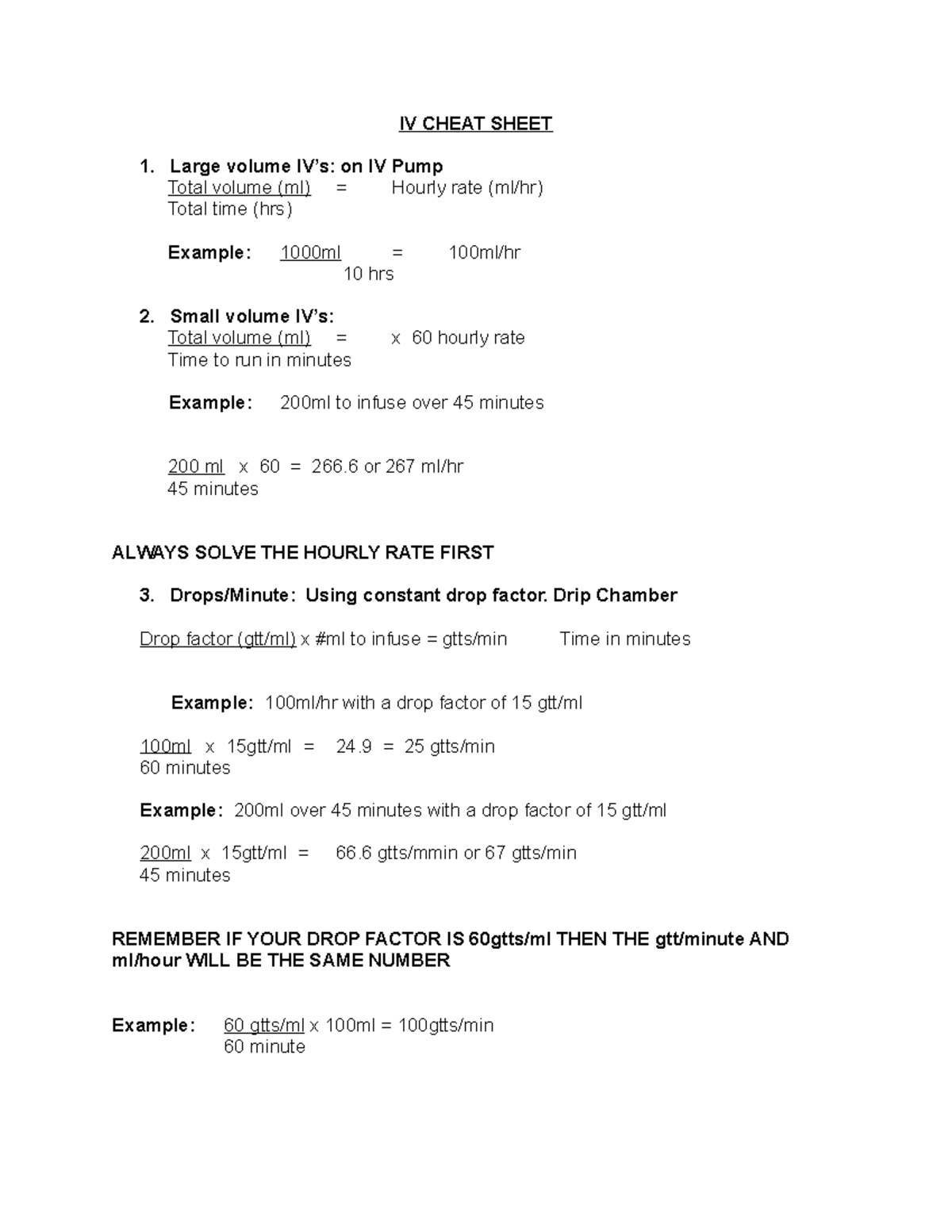 IV Cheat Sheet Helps With Dosage Calculations IV CHEAT SHEET 1