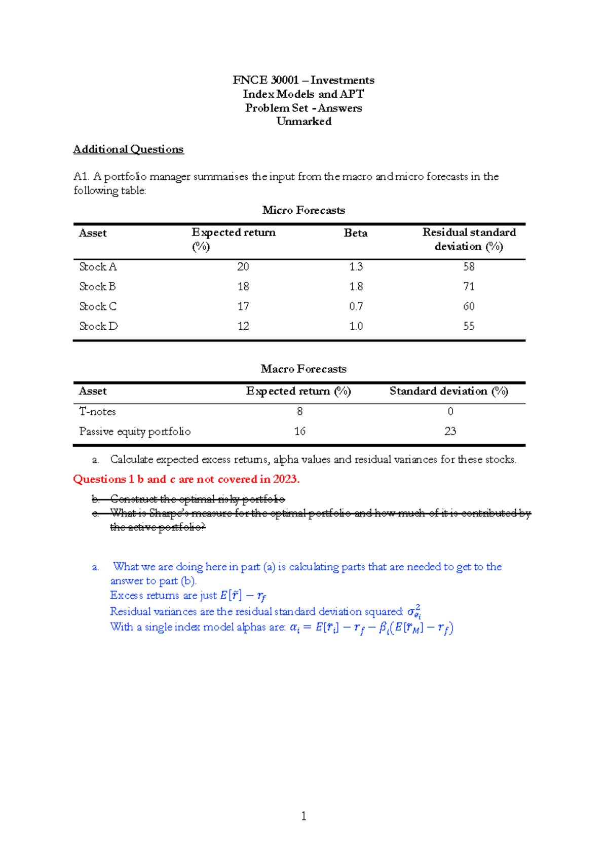 Week8 Answers Index Models APT - FNCE 30001 – Investments Index Models ...