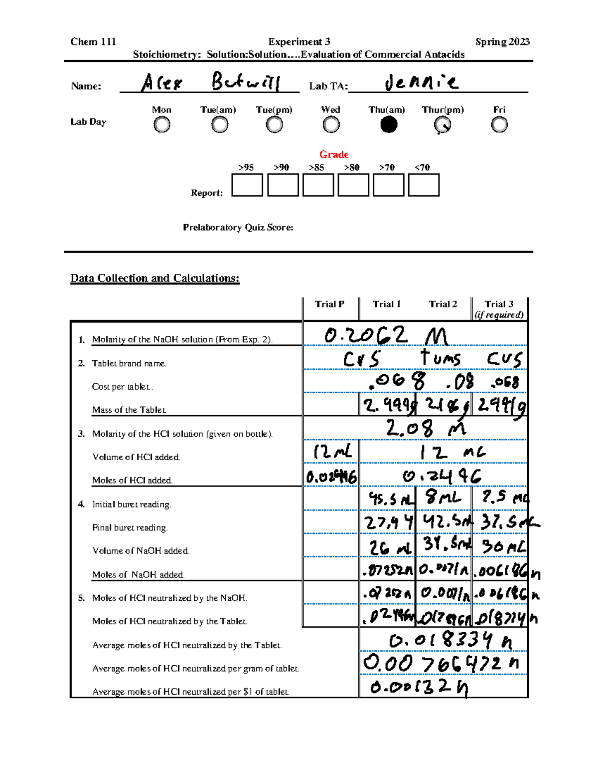 Experiment 3 Report - Chem 111 Experiment 3 Stoichiometry: Solution:Solution... of Commercial ...