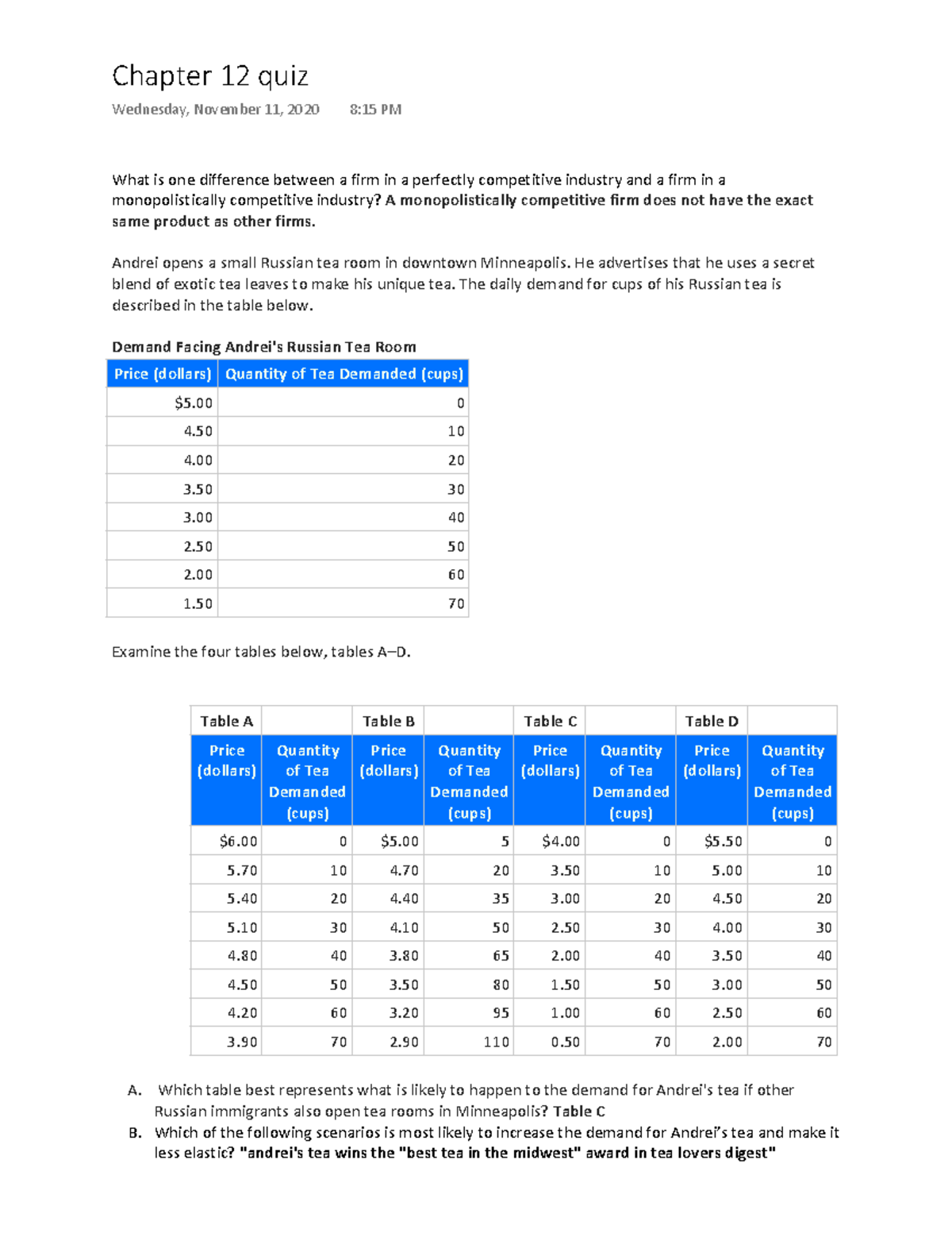 Chpt 12 q 1 - monopolistically competitive markets: tables, graphs ...