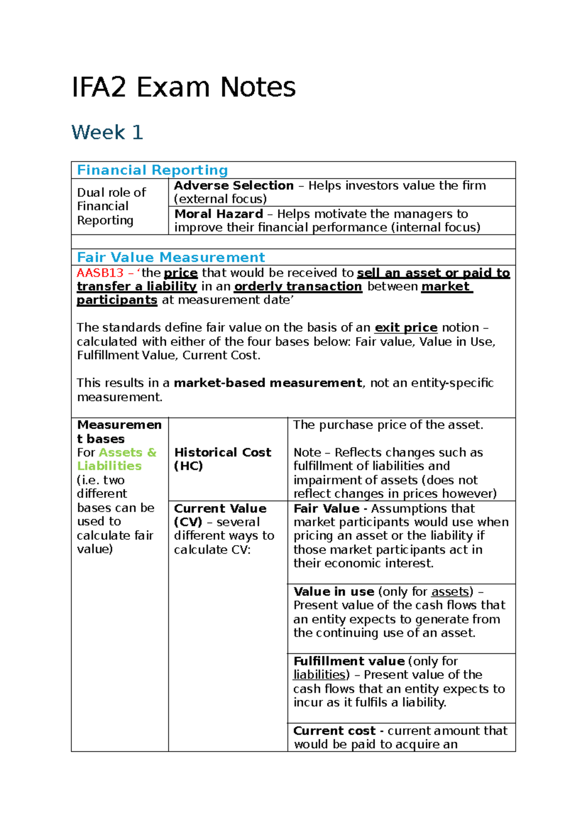 IFA2 Exam Notes - weeks 1-4 - IFA2 Exam Notes Week 1 Financial ...