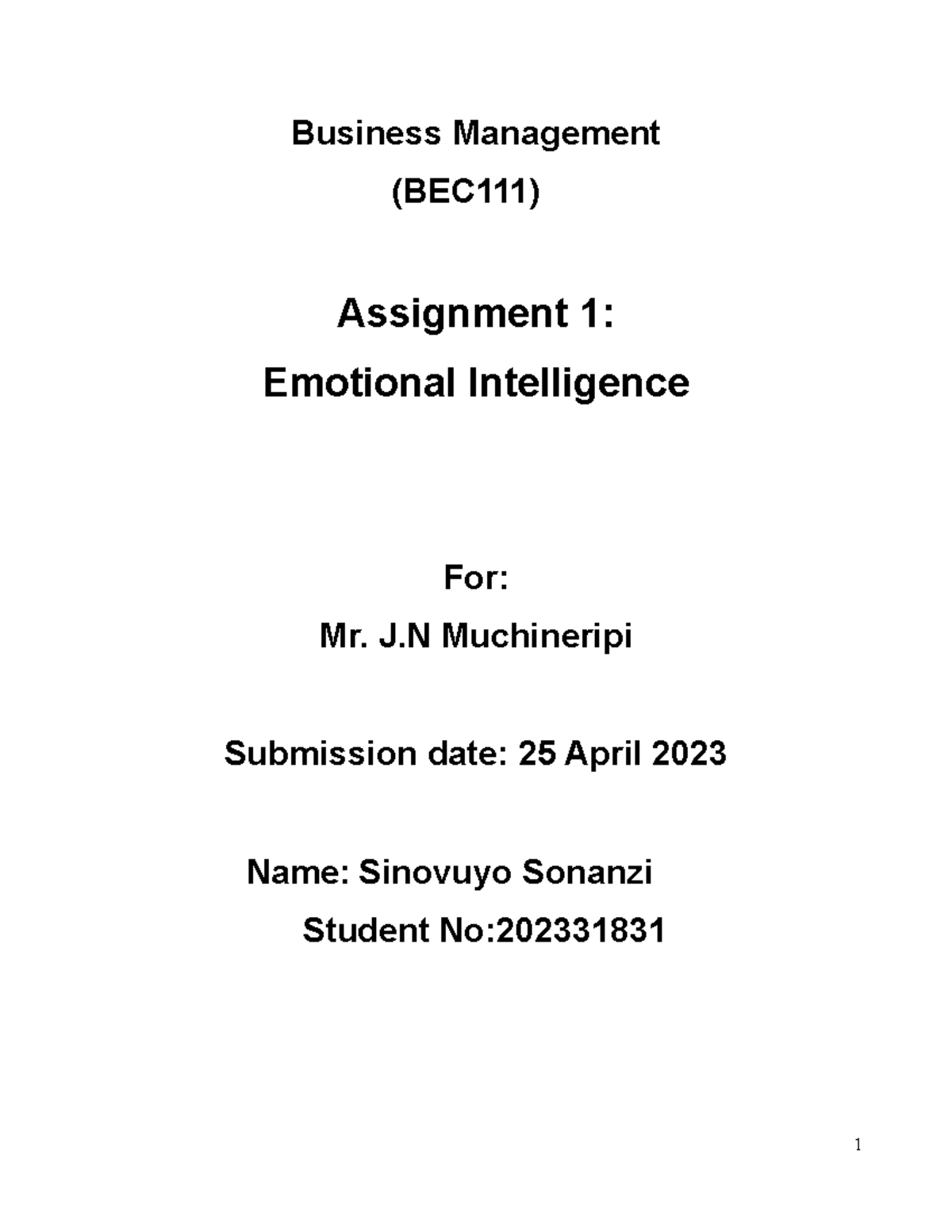 BEC 111 Emotional Intelligence - Business Management (BEC111 ...