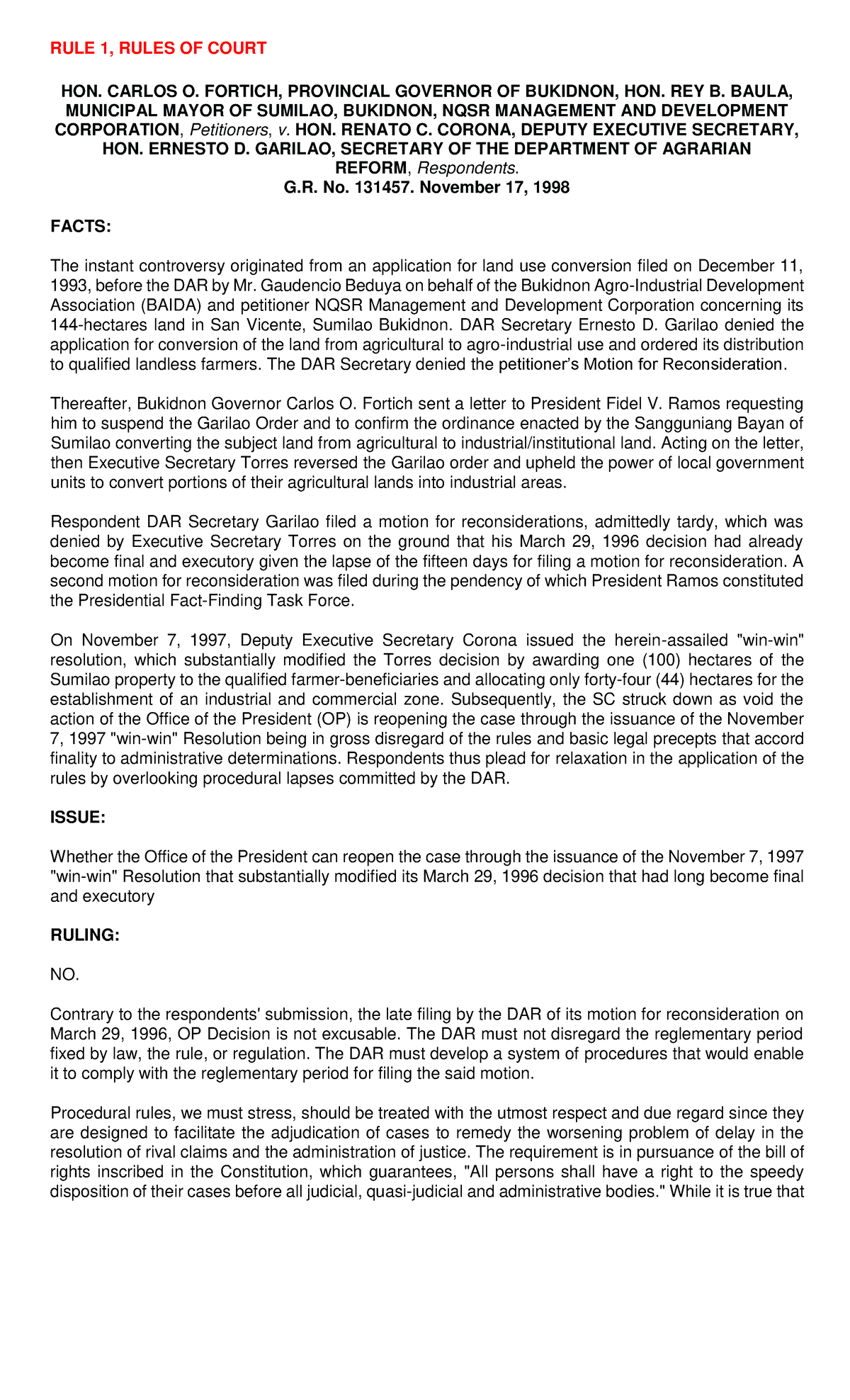 HON. Carlos O. Fortich vs. HON. Renato C. Corona, G.R. No. 131457 ...
