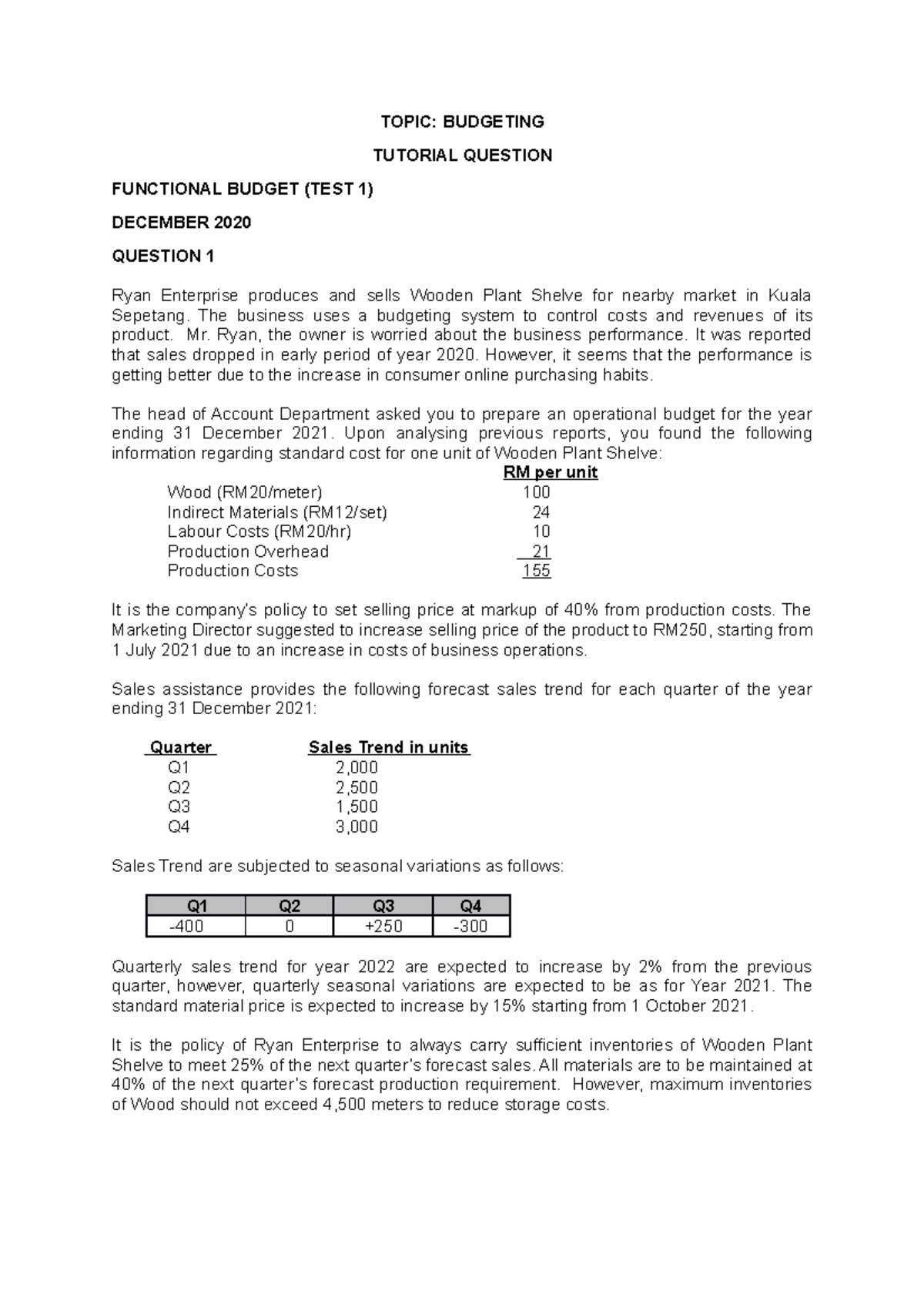 Tutorial Question Budgeting - TOPIC: BUDGETING TUTORIAL QUESTION ...