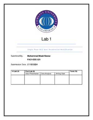 02power - It is lab 2 - Lab 2 Single Phase Full Wave Uncontrolled Rectification Submitted By ...