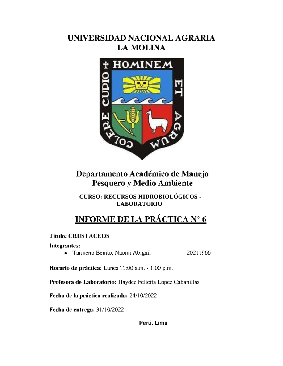 Tarmeño- Informe Crustaceos - UNIVERSIDAD NACIONAL AGRARIA LA MOLINA Departamento Académico de ...