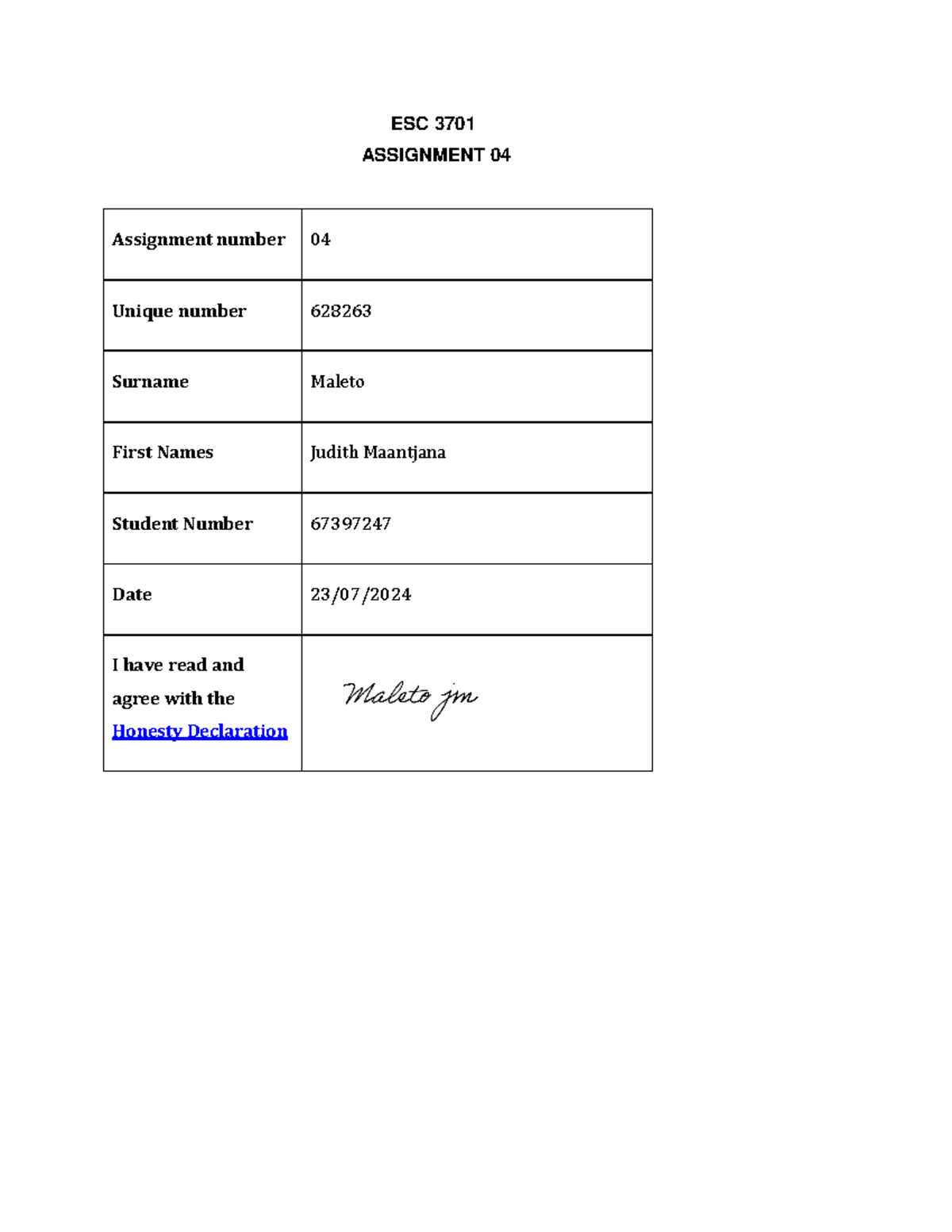 ESC 3701 Revised 064925 - ESC 3701 ASSIGNMENT 04 Assignment number 04 Unique number 628263 ...