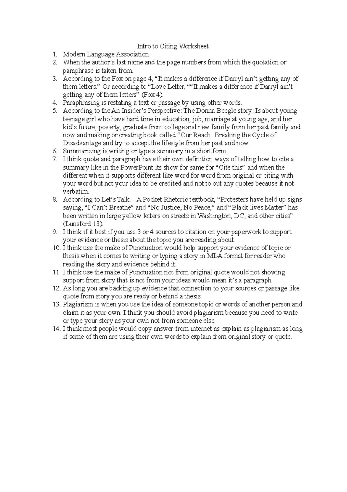 Intro to Citing Worksheet - Intro to Citing Worksheet Modern Language ...