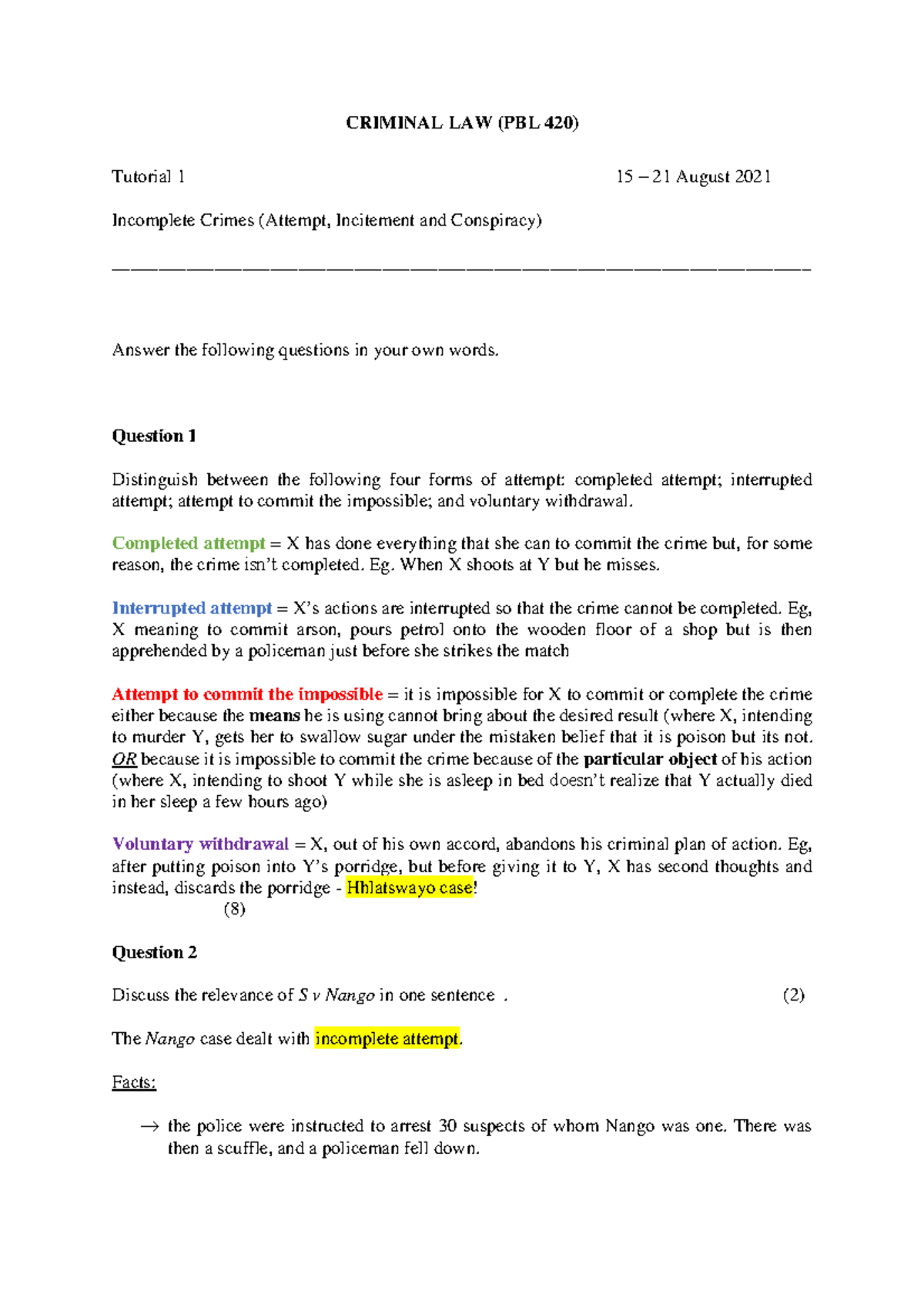 Week 1 - 3 Tutorials for Semester Test 1 (Incomplete Crimes & Parties ...