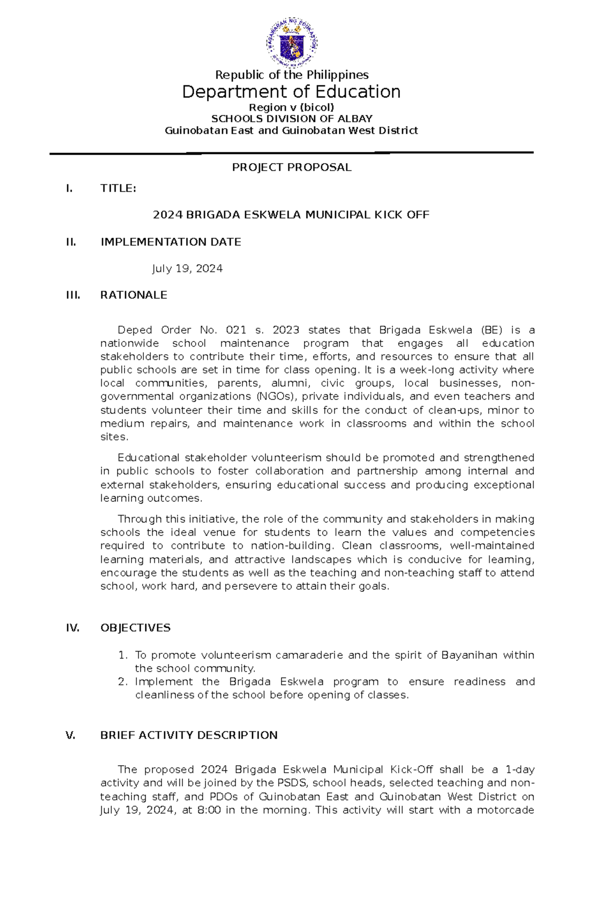 brigada eskwela 2024 project proposal. implementation and guidelines ...