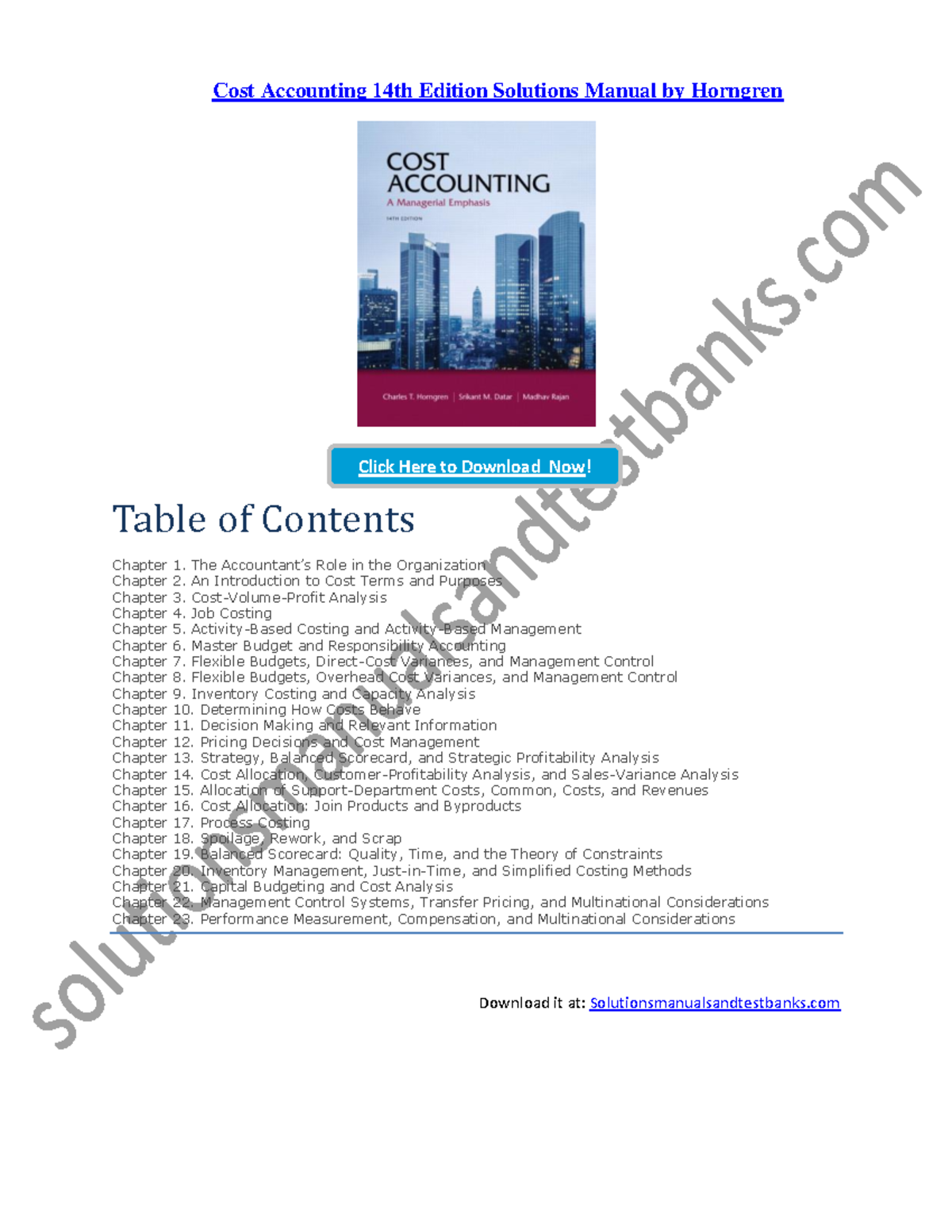 Pdfcoffee - fine - Cost Accounting 14th Edition Solutions Manual by Horngren Table of Contents ...