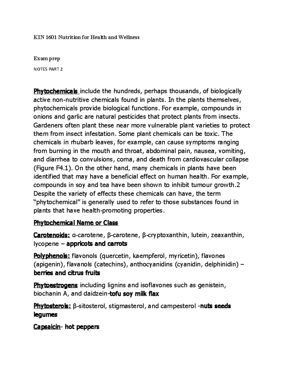KIN 1601 exam prep notes part two - KIN 1601 Nutrition for Health and ...