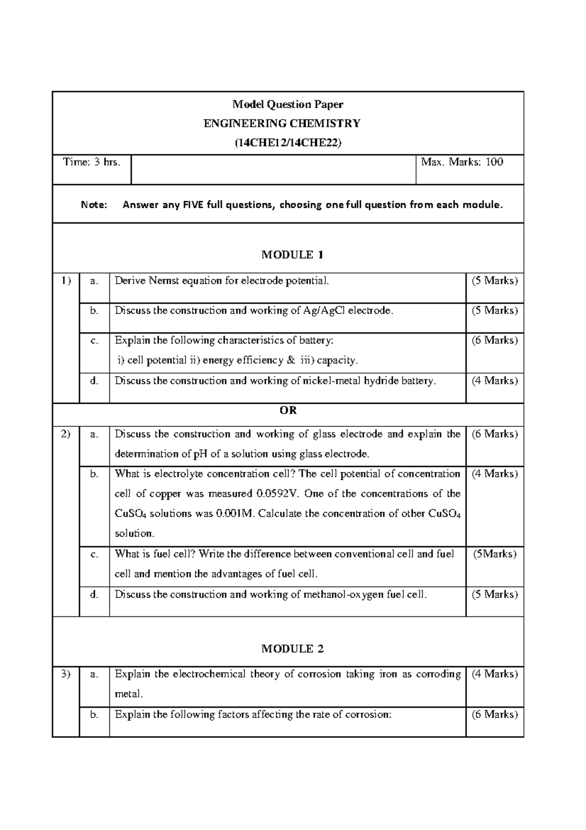 Che12 - Model question paper - Model Question Paper ENGINEERING ...
