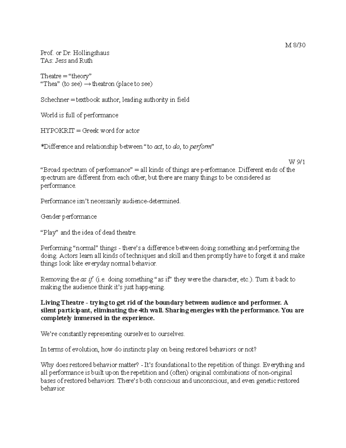 TMA 115 Intro to Performance Studies Class Notes - M 8/ Prof. or Dr ...