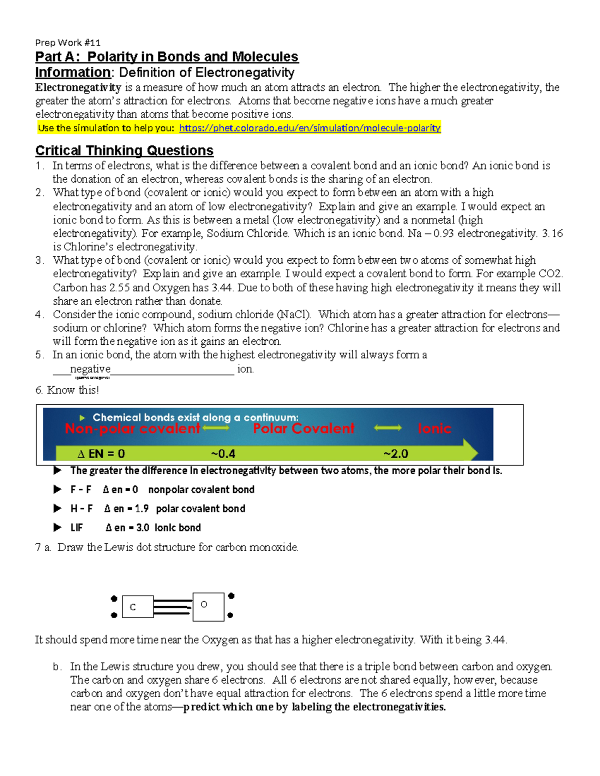 Prep Work #11 Polarity - Part A: Polarity in Bonds and Molecules ...
