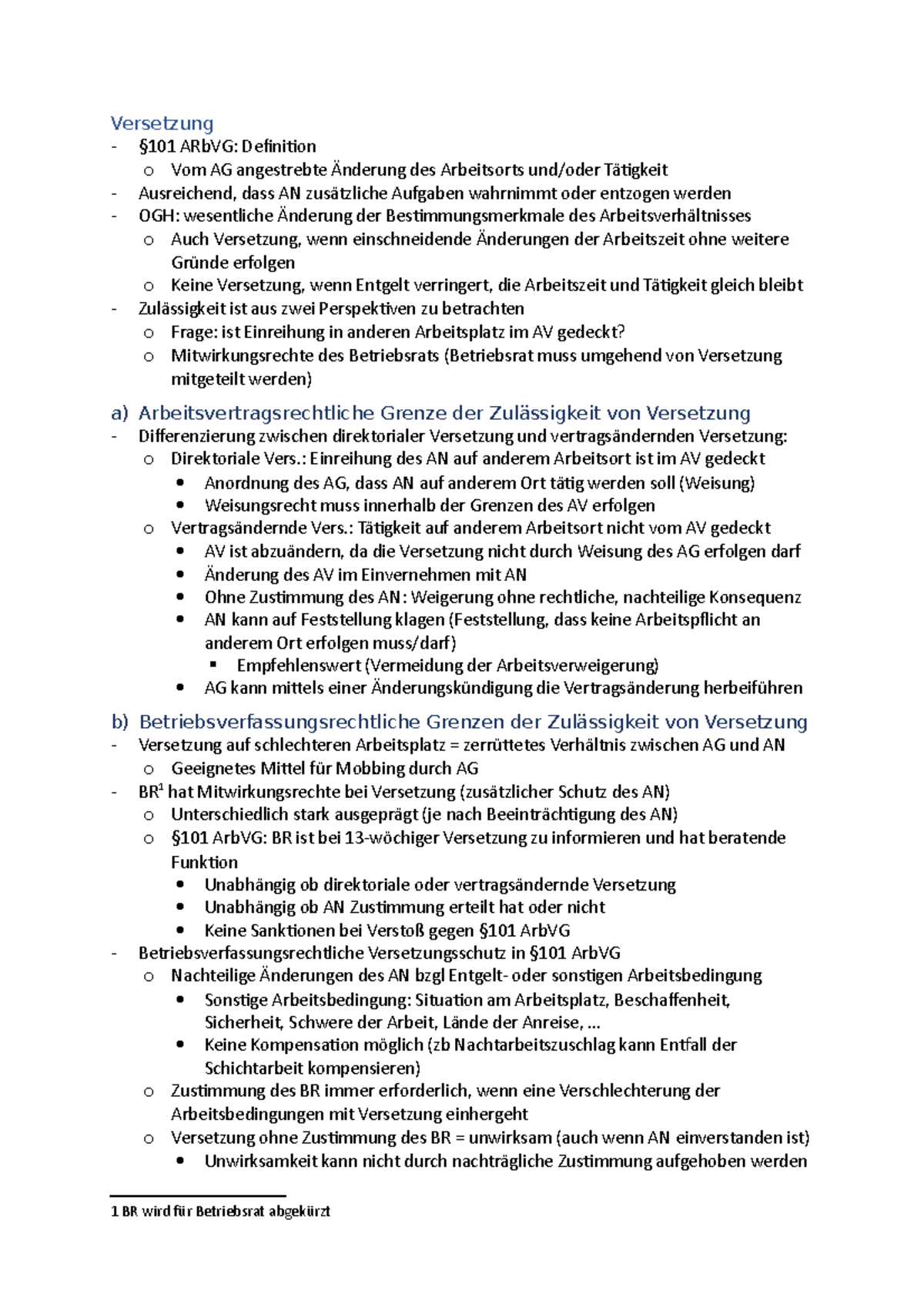 Arbeitsrecht- Versetzung - Versetzung §101 ARbVG: Definition o Vom AG ...