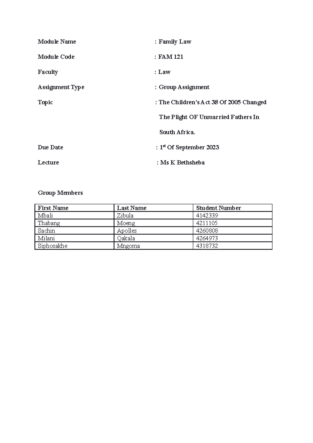 FAM LAW 121 Group ASS - this document helps more students - Module Name : Family Law Module Code ...