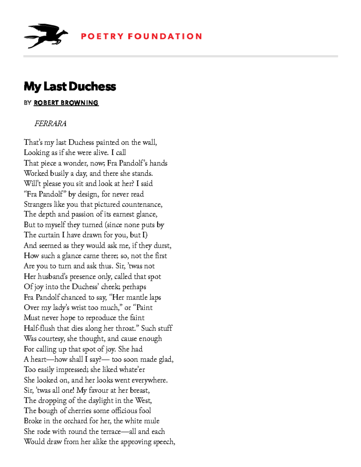 My Last Duchess by Robert Browning Poetry Foundation - My Last Duchess ...