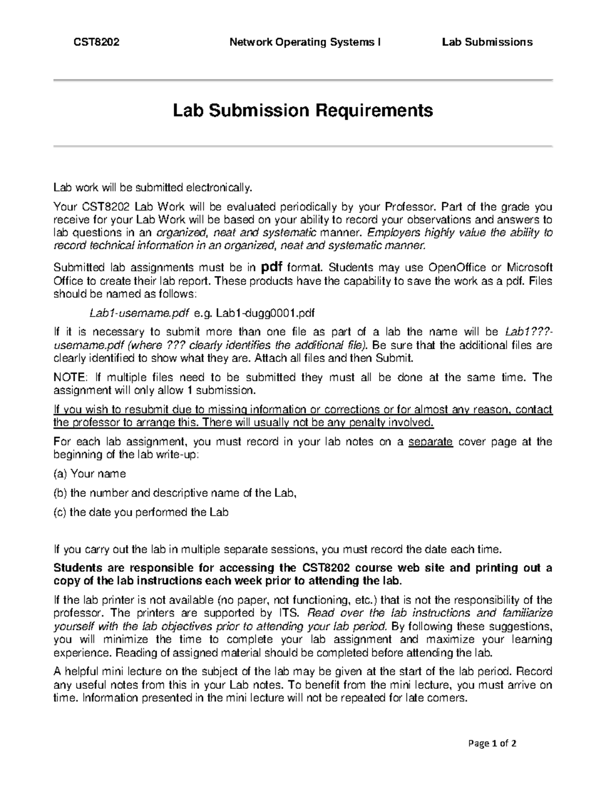 CST8202 Lab Submissions - CST8202 Network Operating Systems I Lab Submissions Page 1 of 2 Lab ...