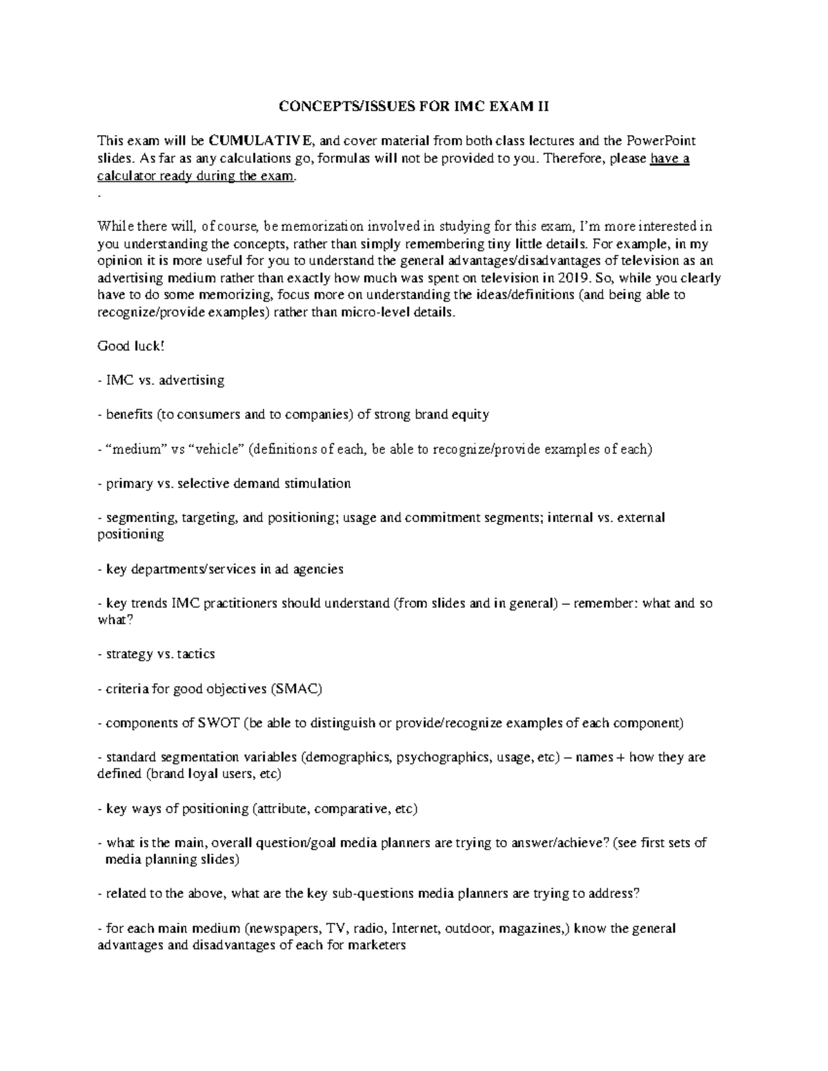 IMC Exam II Review - CONCEPTS/ISSUES FOR IMC EXAM II This exam will ...