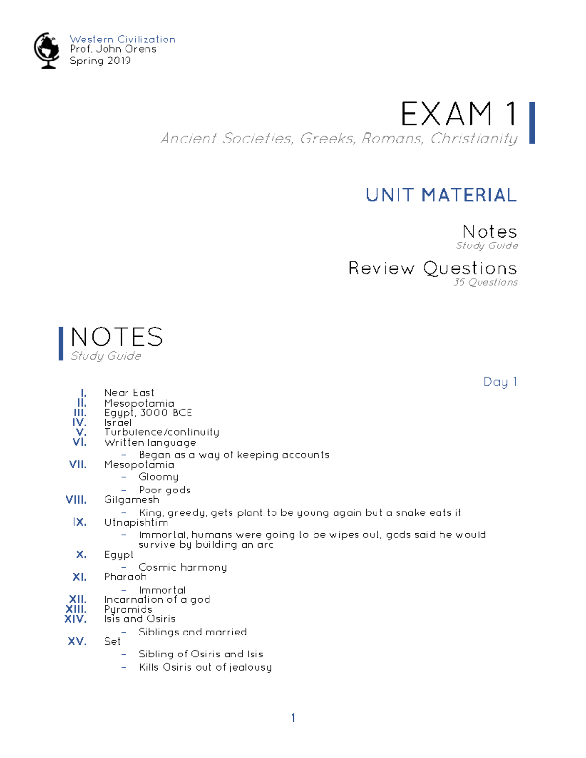 HIST 100 Exam 1 Study Guide - Western Civilization Prof. John Orens ...