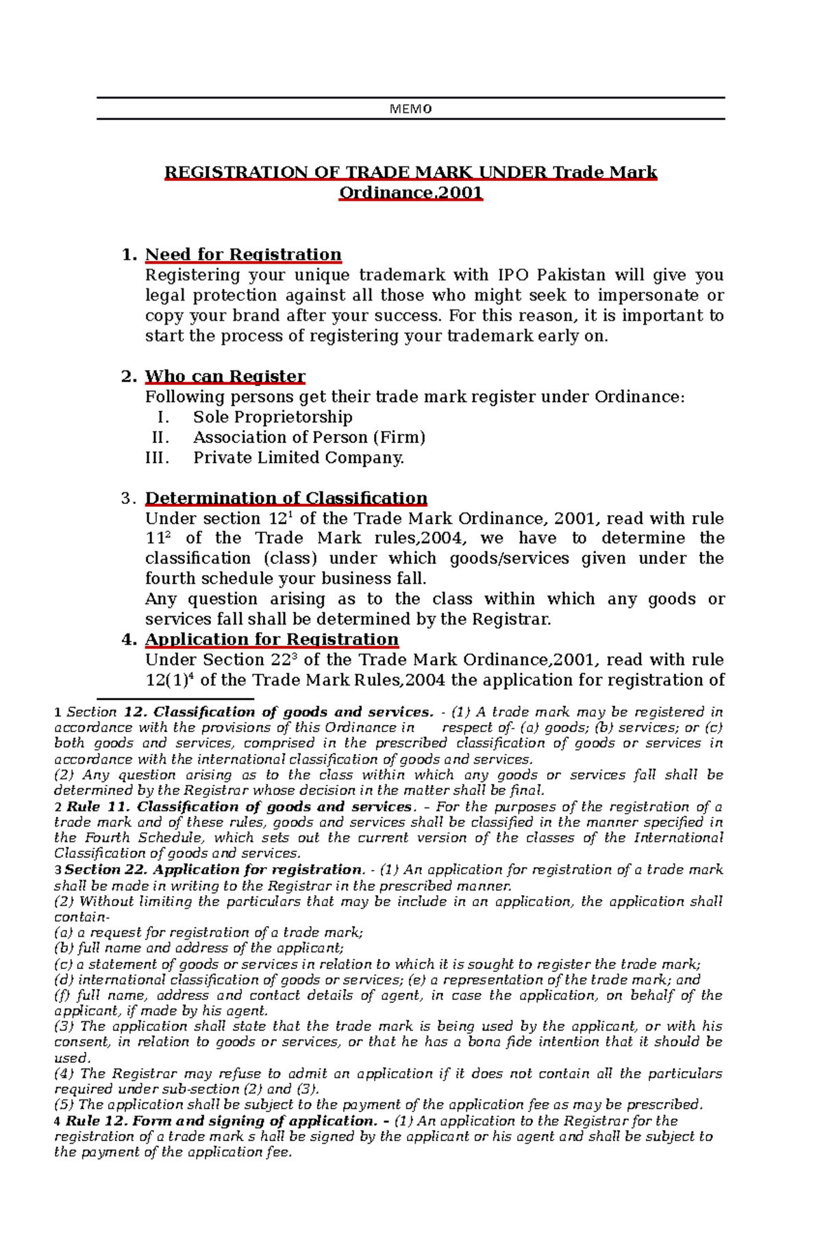 MEMO on intellectual propery laws ammended - MEMO REGISTRATION OF TRADE ...