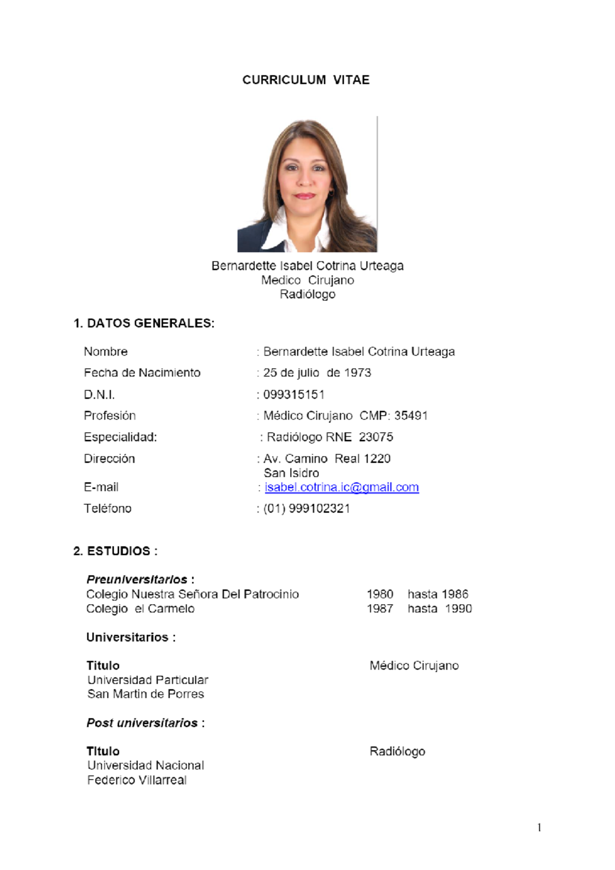 Curriculum Vitae Bernardette Isabel Cotrina Urteaga. Médico Cirujano ...