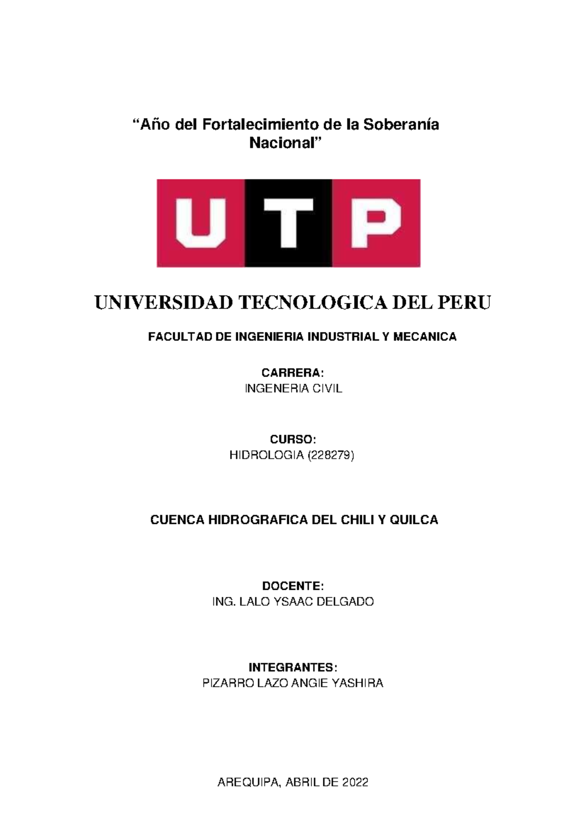 Cuenca hidrografica Rio chili y Quilca - “Año del Fortalecimiento de la ...
