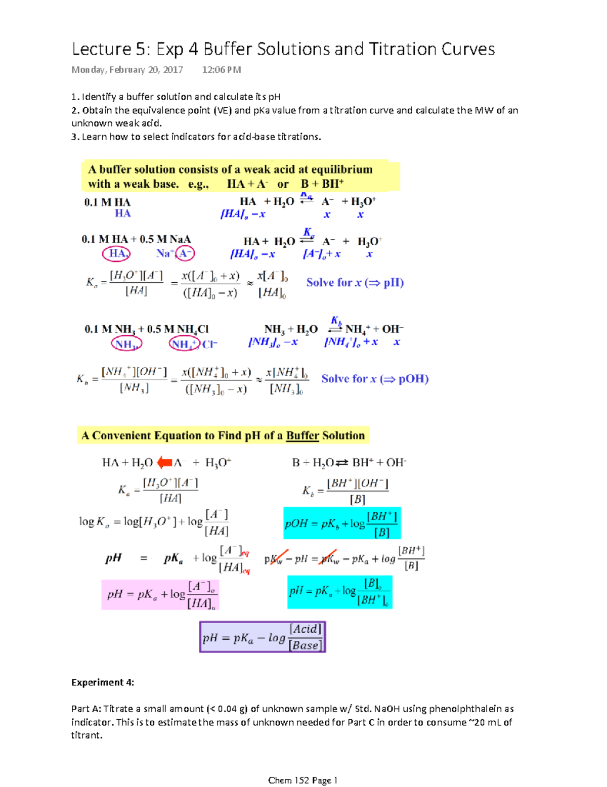 Lecture 5 Exp 4 Buffer Solutions And Titration Curves Lecture 5 Exp