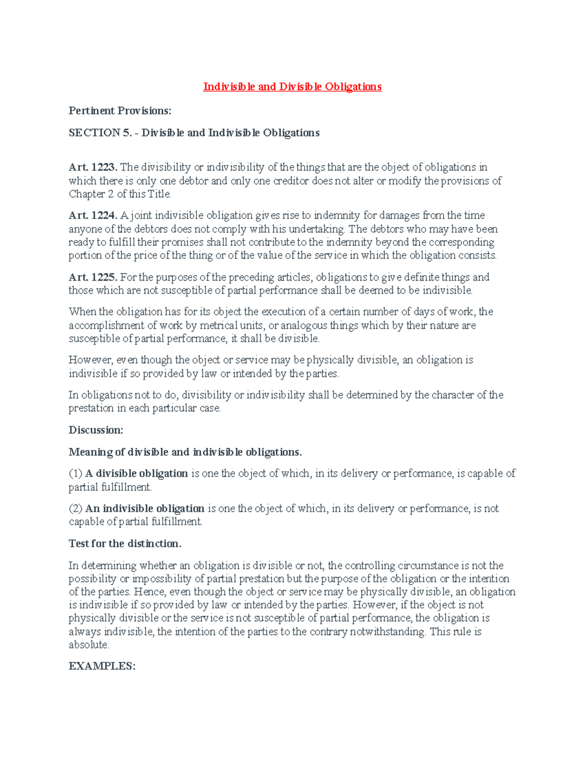 Module 2 - Not much needed. - Indivisible and Divisible Obligations ...