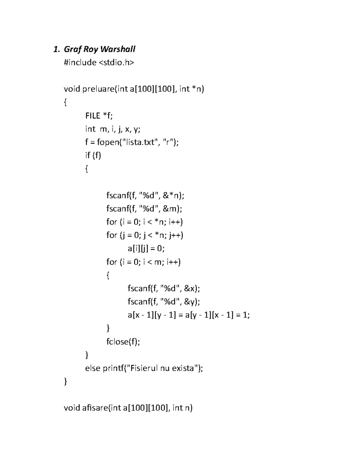Rezolvare subiecte ATP - 1. Graf Roy Warshall #include void preluare ...