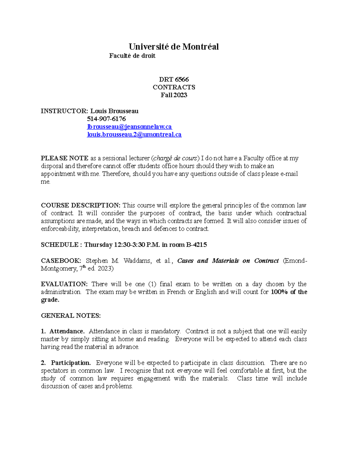Syllabus - Université de Montréal Faculté de droit DRT 6566 CONTRACTS ...