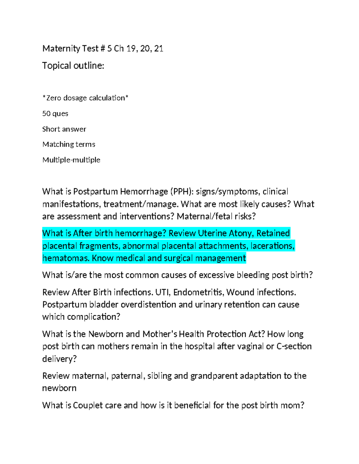 Mat Test 5 outline - exam 5 study guide - Maternity Test # 5 Ch 19, 20 ...
