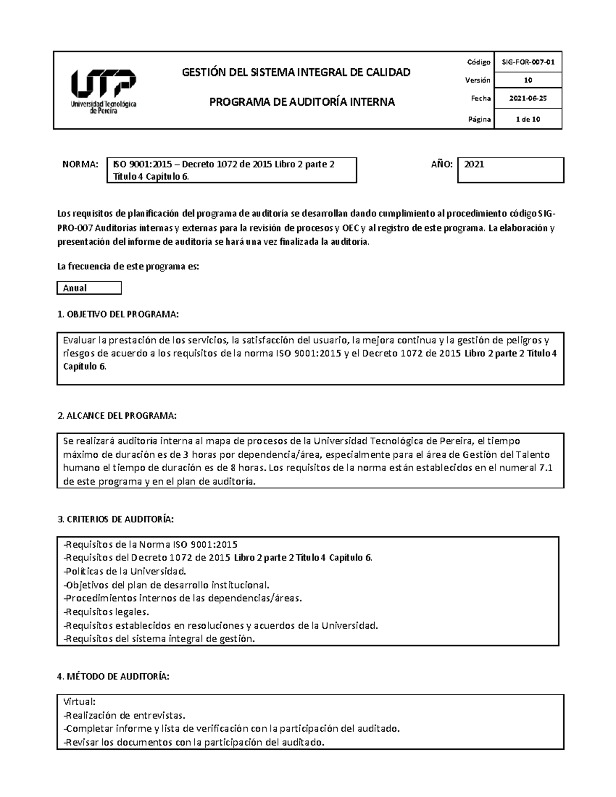 Programa de Auditoría Interna ISO 9001-2015-Decreto 1072 - GESTIÓN DEL ...