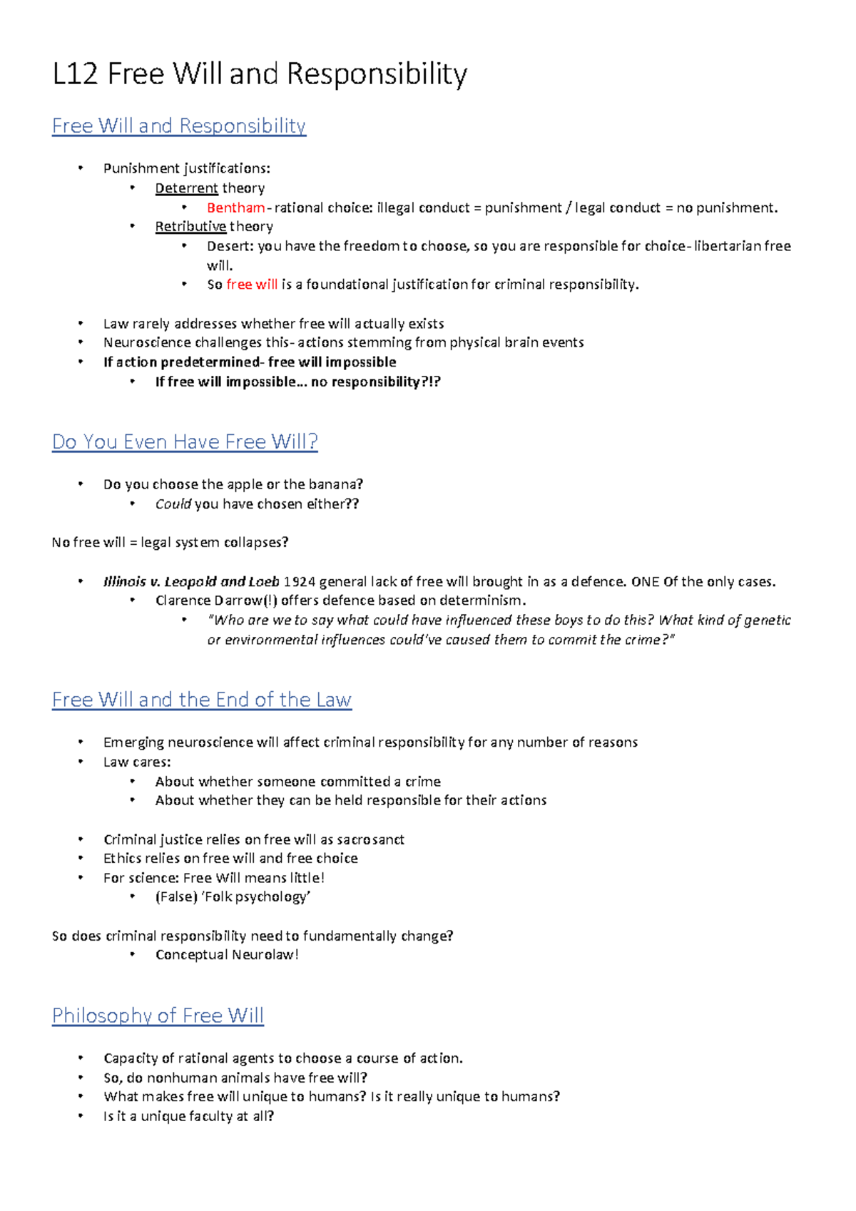 Free Will and Responsibility Lecture 12 notes - L12 Free Will and ...